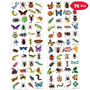 Bug Temporary Tattoos Insect Party Favors 96 PCS Bees, Spiders, Beetles, Caterpillar, Ladybug Themed Stickers for Kids Birthday Party Supplies, Decorations, Favors, and Prizes - Cute Gifts for Boys