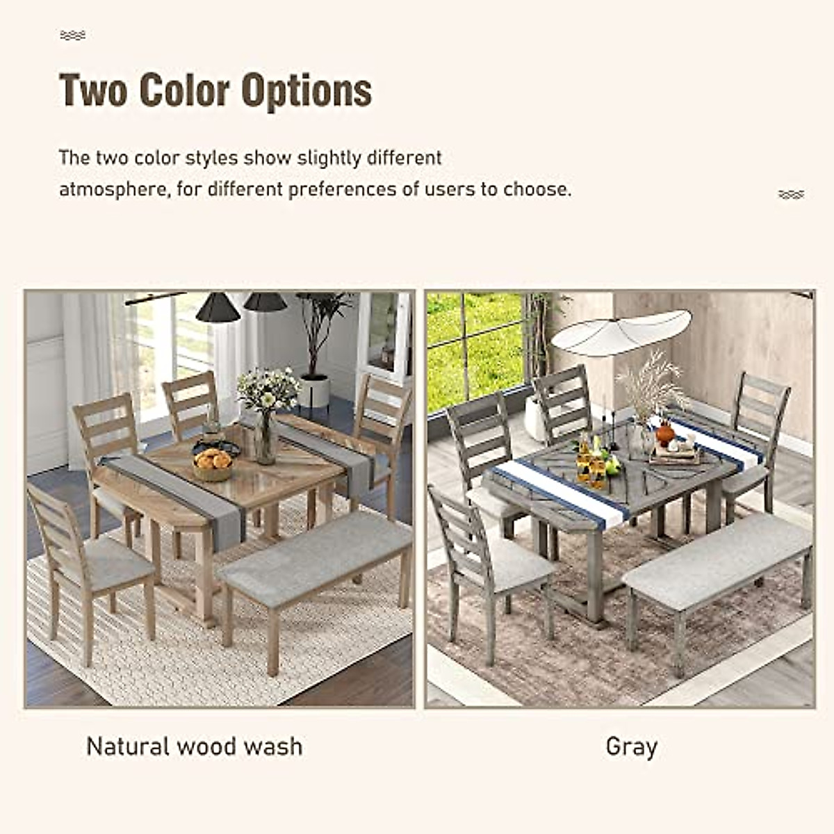 MACHOME 6-Piece Rubber Dining Table Set with Beautiful Grain Pattern Tabletop Solid Veneer and Soft Cushion, for Kitchen, Living, Guest Room, Home Bar, Natural Wood Wash
