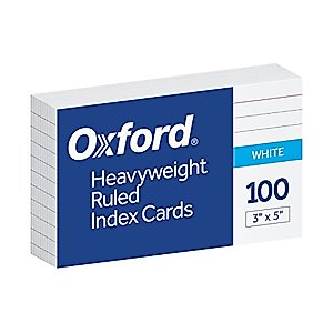 Oxford Heavyweight Ruled Index Cards, 3" x 5", White, 100 Per Pack (63500)