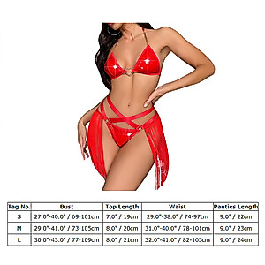 IMEKIS Red Rave Outfits for Women: Music Festivals Clothes Shiny Bra Crop Top with Thong Tassels Fringes Skirt Coverup 2 Piece Set Valentines Day Lingerie Halloween Devil Costume Cosplay Medium