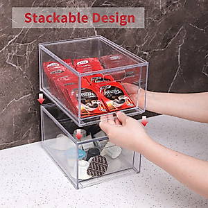 SuoXing Stackable Makeup Plastic Organizer Storage Drawers,4.5'' Tall Acrylic Bathroom Organizers,2 Pack Cosmetic Display Case Plastic Storage Bins For Vanity,Undersink,Pantry Organization and Storage