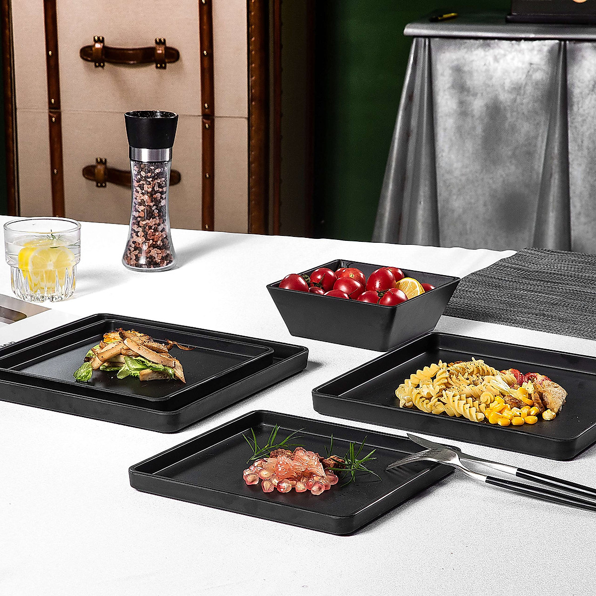 Yinshine Melamine Dinnerware Sets - 12pcs Square Plates and Bowls Set, Dishes Set, Black