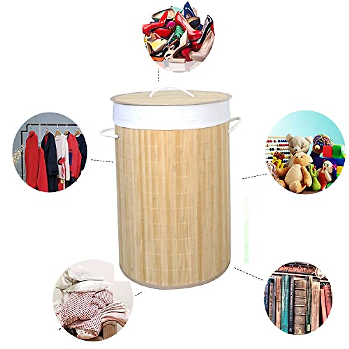 Bamboo Round Clothes Laundry Hamper with Lid 2 Removable Liner Bags,Handwoven Bamboo Laundry Basket with Easy Carry Handles,Large Clothes Basket for Clothes,Bedroom, Toys in Bathroom, Beige
