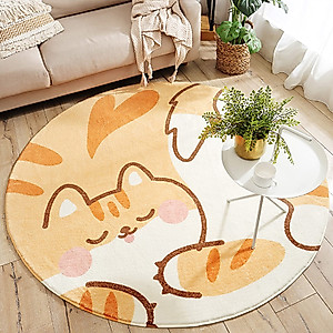TEALP Kids Play Rug 4ft,Round Area Rug Kids Nursery Door Mat Soft Plush Childrens Carpet for Bedroom Living Room Kids Playroom,Orange Cat