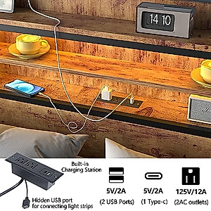 Gyfimoie Queen Bed Frame with 4 Storage Drawers, LED Bed Frame with Outlets and USB Ports, Metal Platform Bed Frame Queen Size with 3-Tier Storage Headboard, No Box Spring Needed (Queen)