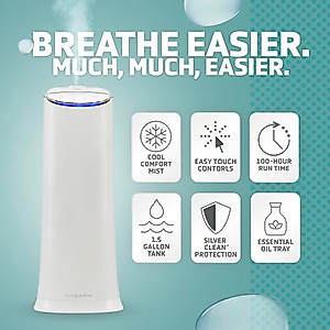 PureGuardian Ultrasonic Cool Mist Humidifier, 100 Hrs. Run Time, 1.5 Gallon Tank, 440 Sq. Ft. Coverage, Medium Rooms, Quiet, Filter Free, Essential Oil Tray, White, H3200WAR