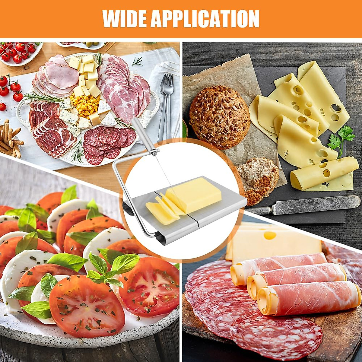 QWLWBU Stainless Steel Cheese Slicer Cutter Multipurpose Cheese Slicer Food Cutter with 6 Replacement-wires Cheese Cutter Board with Accurate Size Scale Cheese Cutter(COLOR:silver)