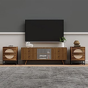 HOYOC Rattan Nightstands Set of 2, Side Table with Hand Made Rattan Decorated Drawers Accent Bedside Tables 2 Solid Wood Drawers Storage End Table for Living Room, Bedroom, Apartment