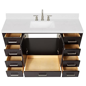 ARIEL Cambridge 54" Espresso Bathroom Vanity, 1.5" Edge Carrara White Quartz Countertop & Splash, Rectangular Sink, 2 Soft Closing Doors, 9 Full Extension Dovetail Drawers, Brushed Nickel
