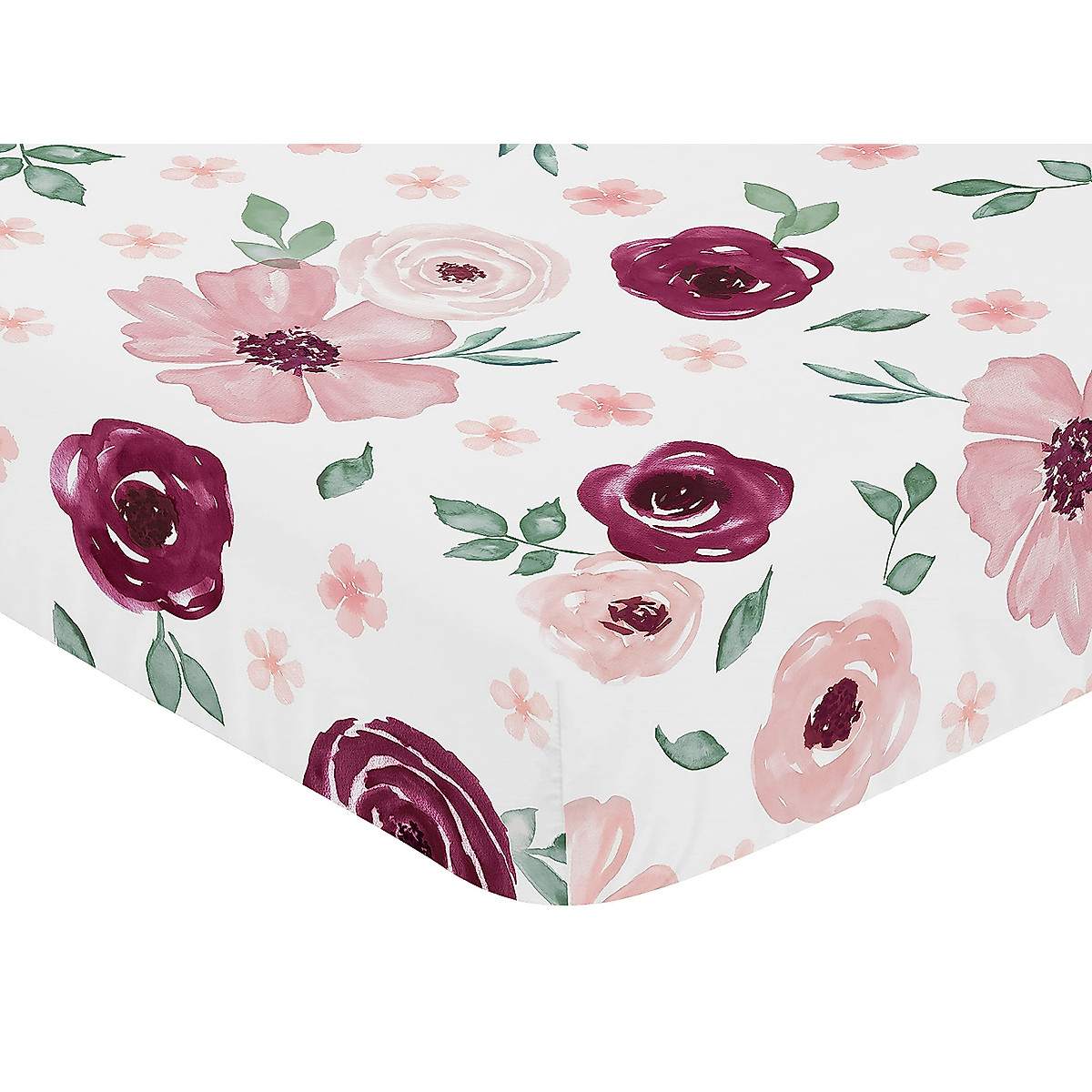 Sweet Jojo Designs Burgundy Watercolor Floral Girl Fitted Crib Sheet Baby or Toddler Bed Nursery - Blush Pink, Maroon, Wine, Rose, Green and White Shabby Chic Flower Farmhouse