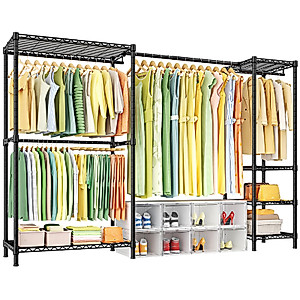 Ulif E10 Clothes Rack（With Stretchable Hanger Rod）Freestanding Clothing Racks for Hanging Clothes，Adjustable Closet Organizer System，Portable Garment Rack 73-97"W x 15" D x 72" H，Max Load 800LBS，Black