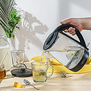 BELLA 1.7 Liter Glass Electric Kettle, Quickly Boil 7 Cups of Water in 6-7 Minutes, Soft Blue LED Lights Illuminate While Boiling, Cordless Portable Heater, Carefree Auto Shut-Off, Black