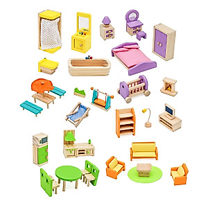 Pidoko Kids Dollhouse Furniture -Fully Furnished Bundle Set - (42 Pcs for 5 Rooms) - Wooden Toys