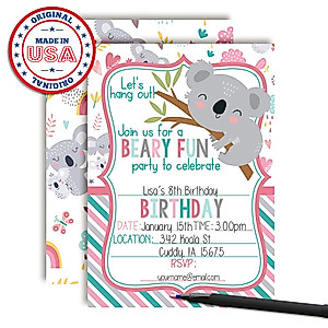 Let's Hang Out Cute Koala Bear Themed Birthday Party Invitations for Kids, 20 5x7 Fill In Cards with Twenty White Envelopes by AmandaCreation