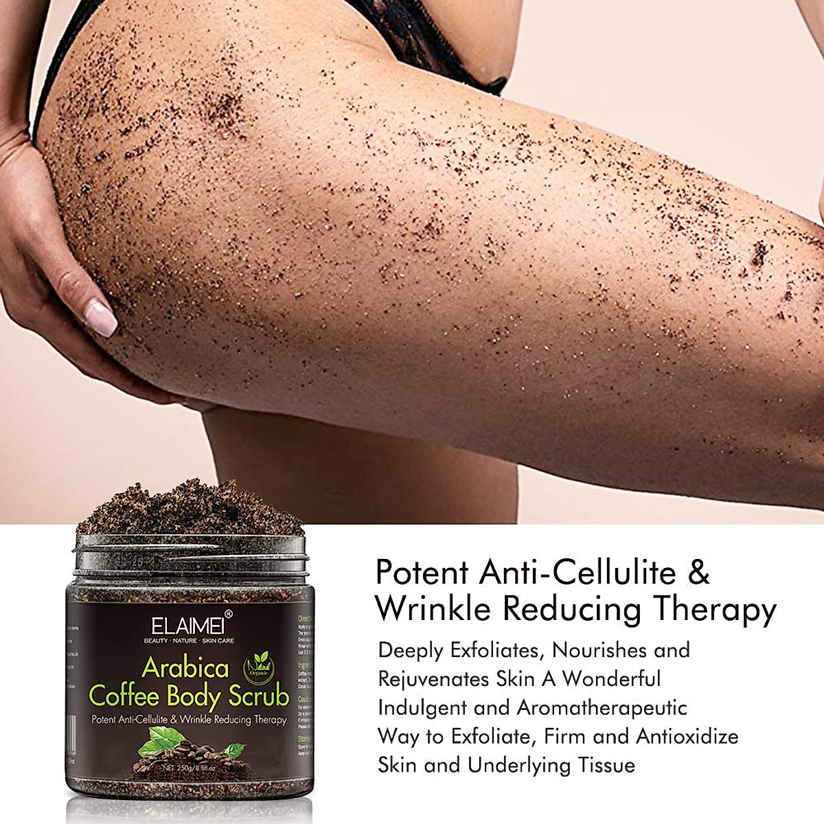 Body Scrub Exfoliation for Dry Dead Skin, Body Polish Cream with Arabica Coffee-Anti Cellulite and Stretch Mark Treatment, Deep Cleansing and Moisturizing Body, Face and Lip scrub 8.8 oz