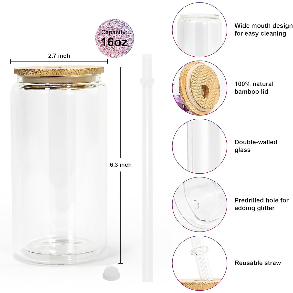 CHLJAR 16oz Snow Globe Tumbler, 25pack Sublimation Snowglobe Cup with Bamboo Lids and Straws, Double Walled Glass Mug Bulk, Pre Drilled Glass Blank for Snow Globe Glitter, Individual Packaging