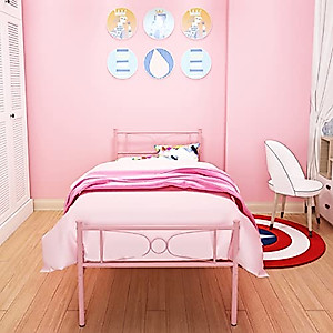 GIME Pink Bed Frames Twin for Girls Single Metal Beds with headboard for Kids No Box Spring Needed(Updated Version) (Leslie)