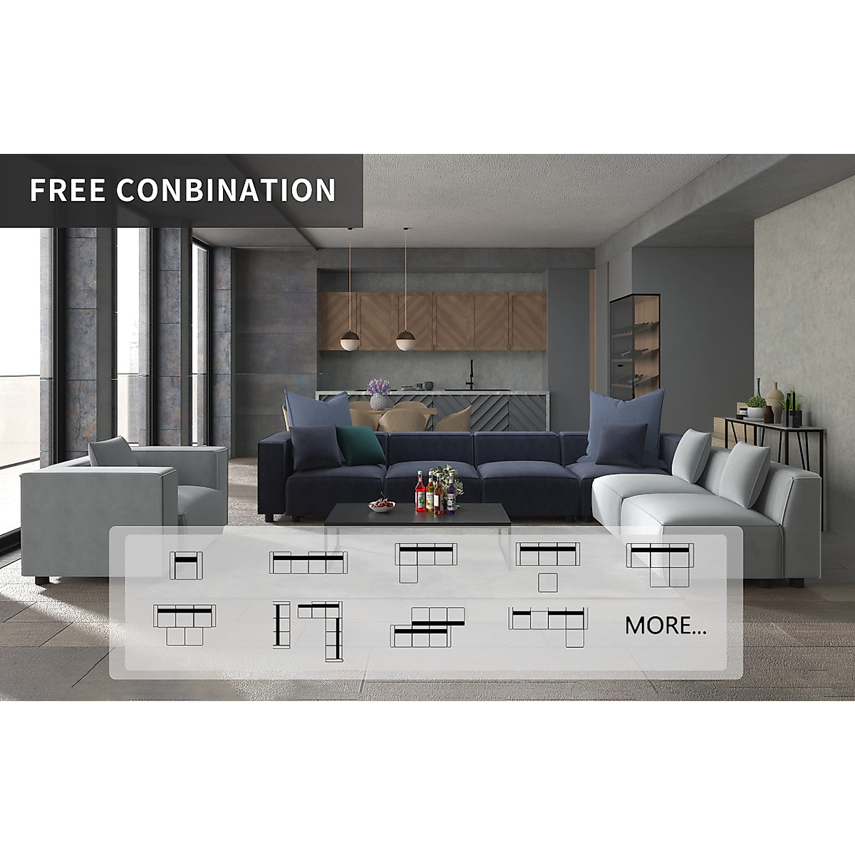 LLappuil Modern Modular Sectional Sofa Set, Low Back Minimalist Style Couch for with Ottoman and Chaise Lounge, Soft Fabric 5 Seater 138.4" L Shaped Sofa for Living Room, Dark Grey