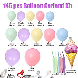 Ice Cream Party Decorations，Pastel Balloon Garland Arch Kit 145pcs Macaron Rainbow Balloon with long Balloon Ice Cream Foil Balloon for Baby Shower Birthday Ice Cream Themed Party Supplies