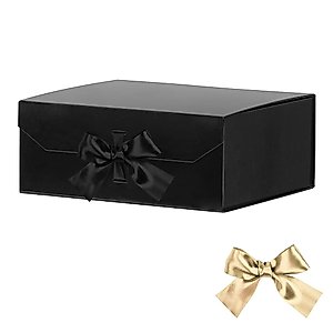 Black Large Gift Box 13x11x5.3 Inches, Gift Box with Ribbon, Gift Wrap Box with Lid Magnetic Closure, Christmas Gift Box, Rectangle Collapsible Gift Boxes for Men Shoes (Glossy Black)