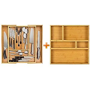Secura Bamboo Kitchen Drawer Organizer 8 Expandable Compartments and Kitchen Drawer Utensil Organizer Box Set 5 Pack Bundle