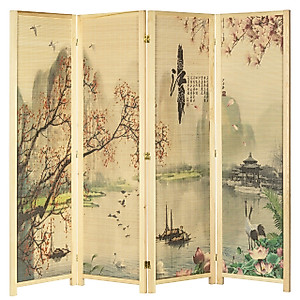 MyGift Decorative 4-Panel Folding Bamboo Room Divider Asian-Inspired Cherry Blossom Scene, Freestanding Floral Artwork Room Partitioner with Beige Wood Frame