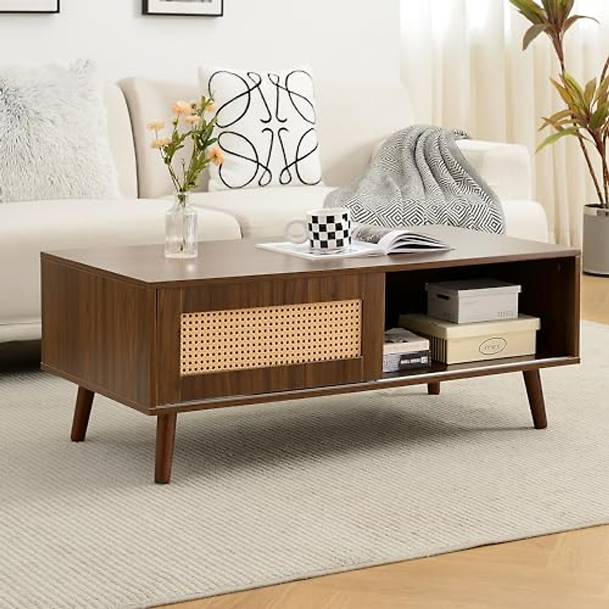 Ganooly Mid Century Modern Coffee Table with Storage, 43.3 Inch Rectangle Wooden Accent Center Table with Sliding PE Rattan Woven Door Panel and Solid Wood Legs, Suitable for Living Room, Apartment