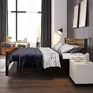 AWQM 14 Inch Full Bed Frame, Metal Platform Full Size Bed Frame with Wood Headboard and Footboard, No Noise, No Box Spring Needed, Bed Central with Extra Metal Support, More Sturdy, Rustic Brown+Black