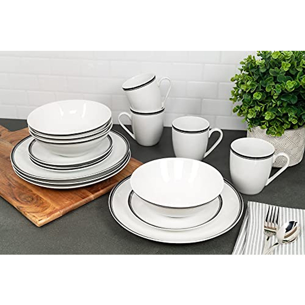 10 Strawberry Street Café Stripe 16 Piece Coupe Dinnerware Set, Black