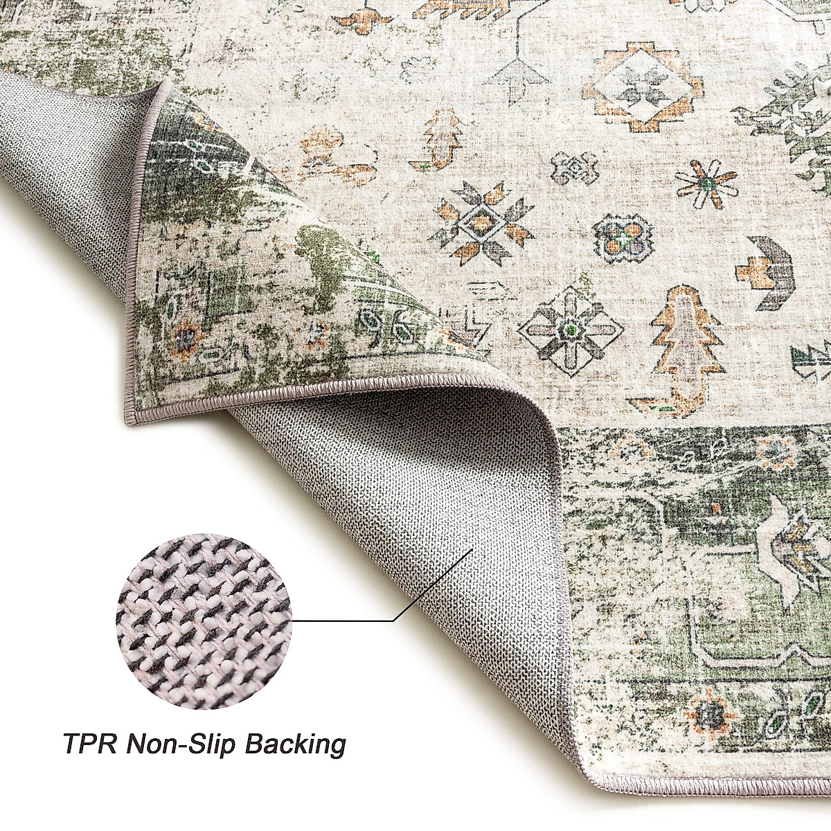 Valenrug Washable Rug 8x10 - Ultra-Thin Antique Collection Area Rug, Stain Resistant Rugs for Living Room Bedroom, Distressed Vintage Rug(TPR35-Green, 8'x10')