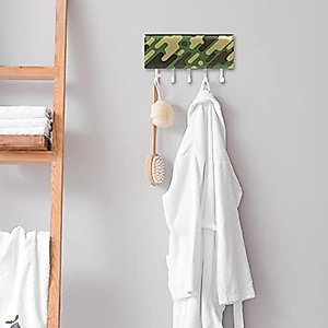 Camouflage Mail Holder Organizer and Key Hooks PU Front, Self Adhesive Key Rack with 5 Hooks Perfect for Entryway, Hallway，Bathroom ，Kitchen