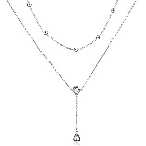 Teardrop Double Layered Necklace Sterling Silver Long Chain Y Lariat Necklace for Women Lady