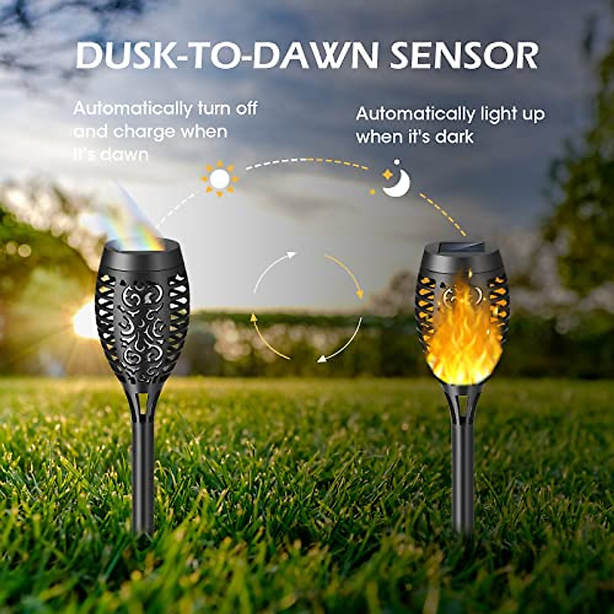 REEGOLD Solar Outdoor Flame Torch Lights: LED Tiki Torches with Flickering Flames for Christmas Halloween Garden Yard Patio Decor | IP65 Waterproof Landscape Lights with Auto On/Off | 6 Pack