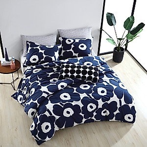 MARIMEKKO - Queen Duvet Cover Set, Cotton Bedding with Matching Shams & Botton Closure, All Season Home Decor (Unikko Indigo, Queen)