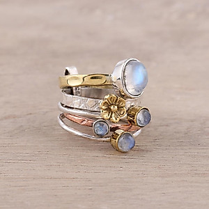 NOVICA Artisan Handmade Rainbow Moonstone Cocktail Ring Mixed Metals Floral from India Copper Sterling Silver Brass Clear Multi Gemstone [ring Front 0.8 in L x 0.8 in W x 0.3 in H Band Width 10 mm W]