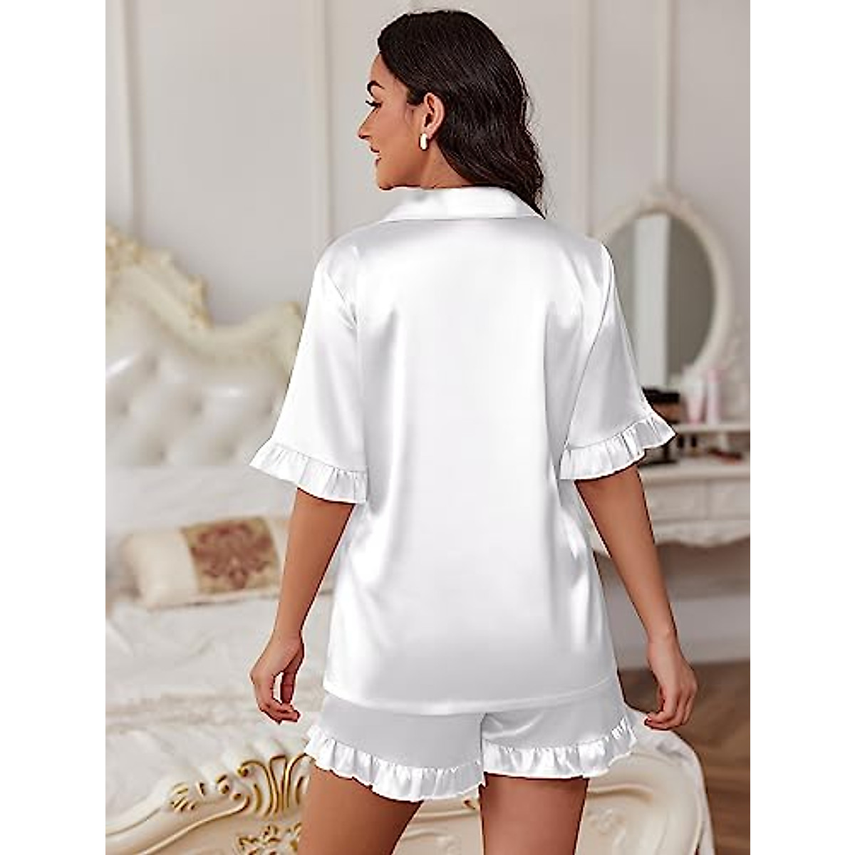 Ekouaer Women's Pajama Set Satin Button Up Sleepwear Comfy Nightwear Two Piece Silk Pjs Shorts Set Bridesmaid Gift White,Large