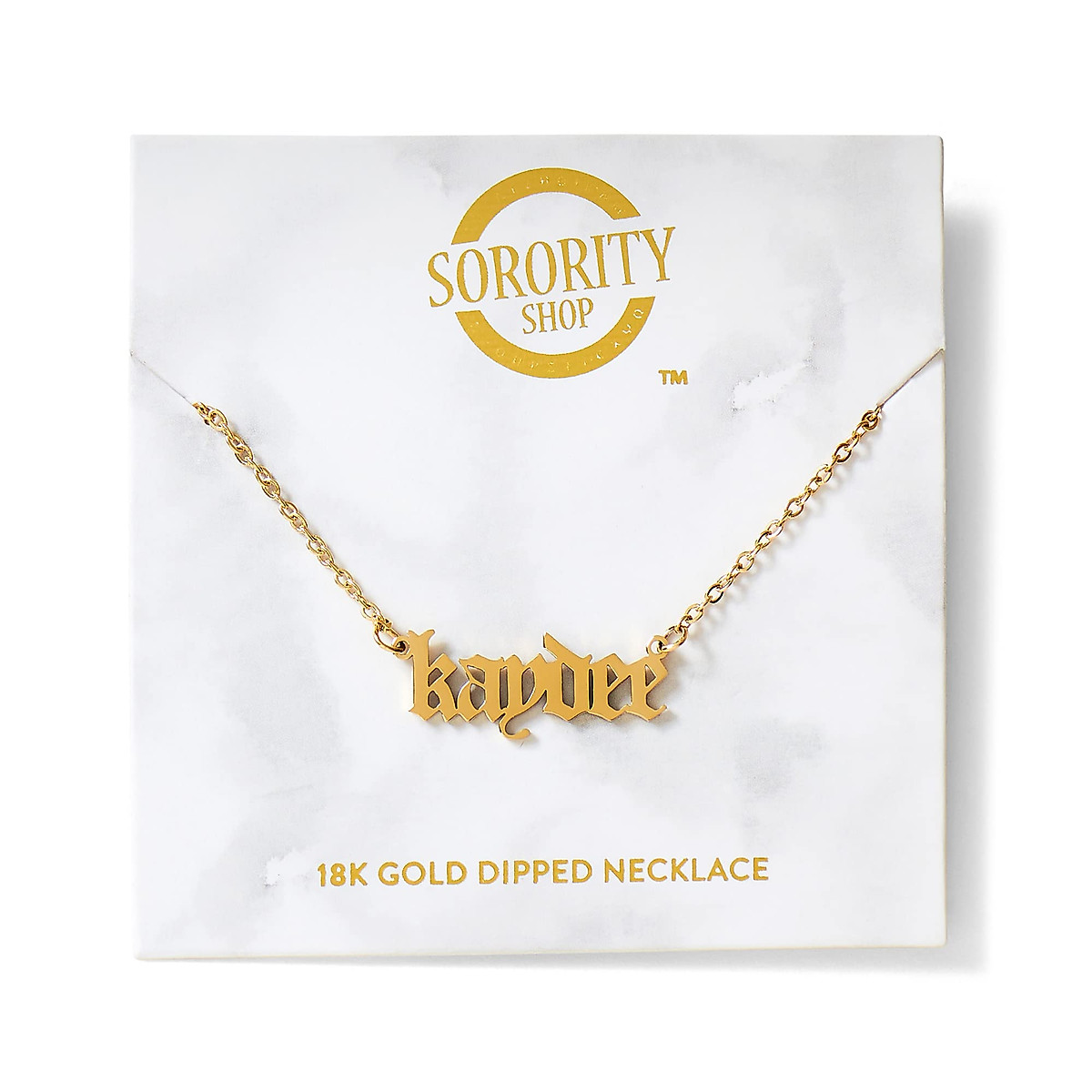 Sorority Shop Kappa Delta Necklace — KD Old English Font Design, 18K Gold Plated, Kappa Delta Gifts for Women