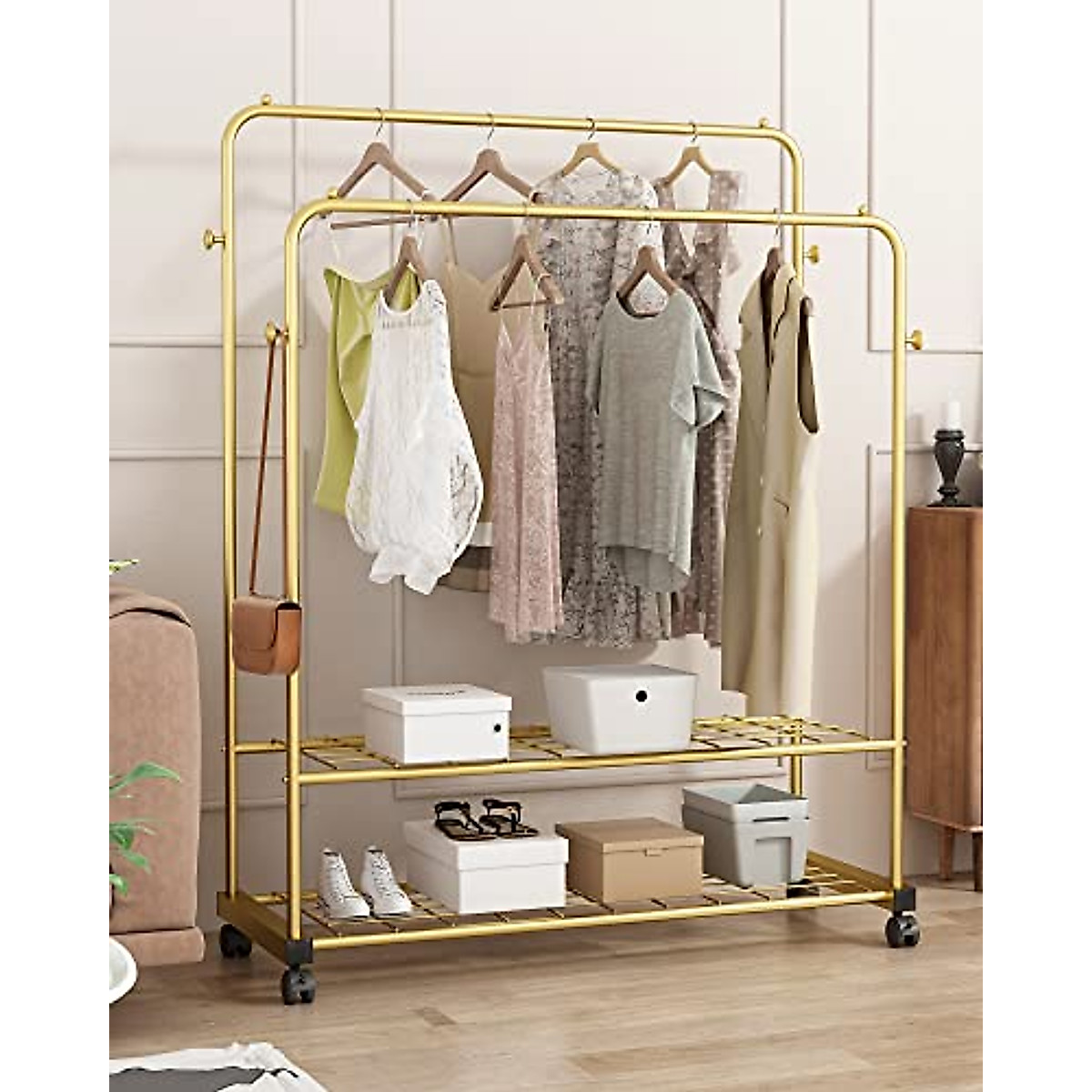 GAMNOF Rolling Metal Clothes Rack Two Shelves Clothing Rack Two Rod Garment Rack for Hanging Clothes with Caster Wheels for Clothes Hats Bags and etc Storage and Organizer