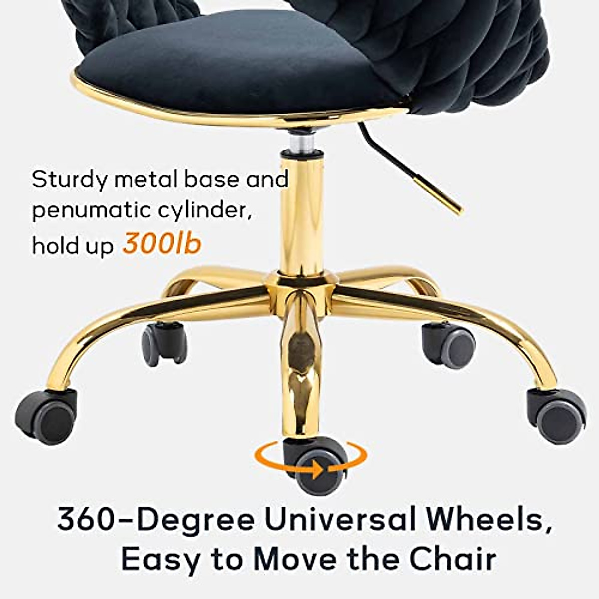 NIOIIKIT Swivel Velvet Home Office Chair, Upholstered Desk Chair, Modern Accent Armchair, Tufted Computer Task Stools with Gold Base for Girls, Women, Study, Living Room (Black)