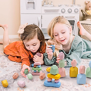 OESSUF 34PCs Stacking Rocks Balancing Stacking Stones Wooden Stacking Toys Wooden Stone Stacking Game for Toddler Wood Sorting Montessori Stacking Rocks for Kids