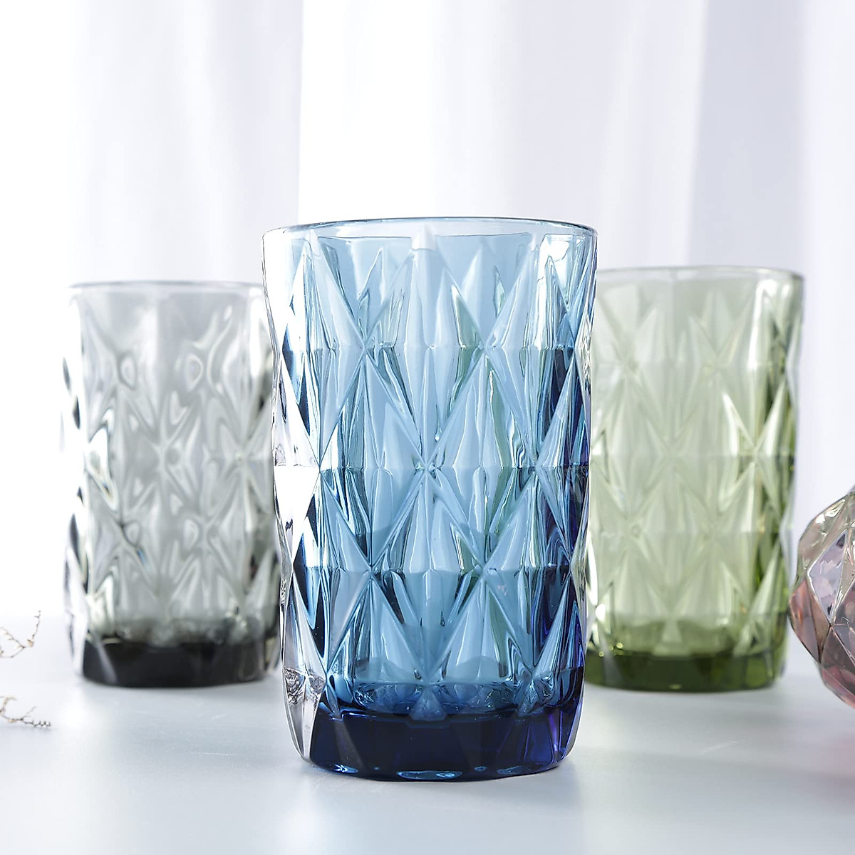 Bandesun Drinking Glass set of 6 Modern Glassware Diamond Pattern Tumbler Cup（12 OZ），for Water，Cocktail，Milk，Juice and Beverage