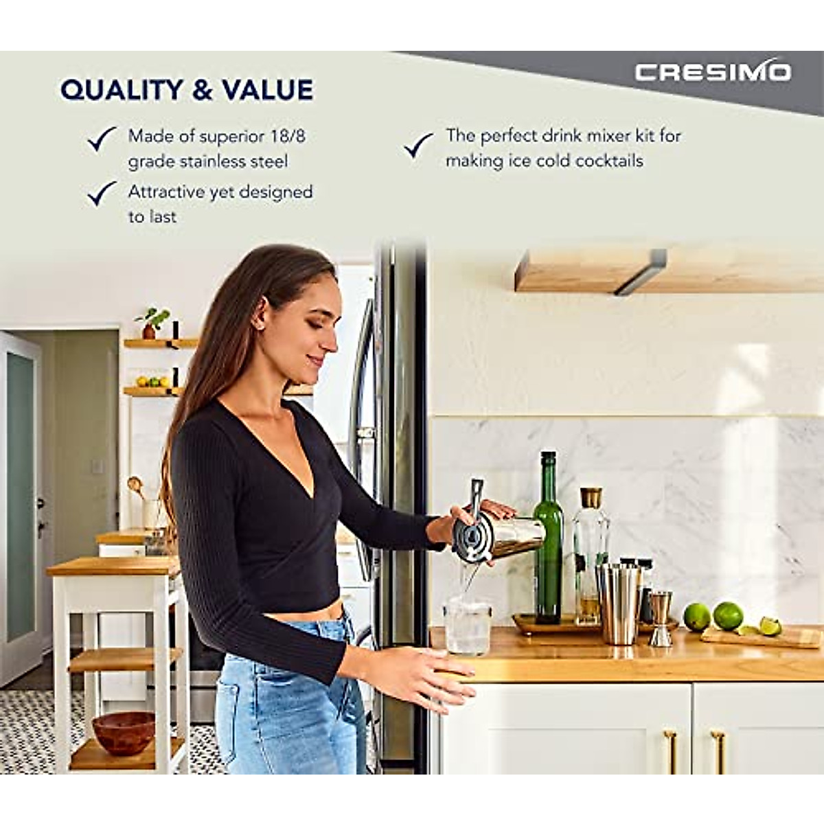 4pc Boston Cocktail Shaker Set - Bartender Kit with Martini Drink Shaker & Cocktail Set Bar Accessories: 28oz / 18oz Martini Shaker, Strainer, Jigger & Recipe Guide - Cocktail Mixer Bar Set - Cresimo