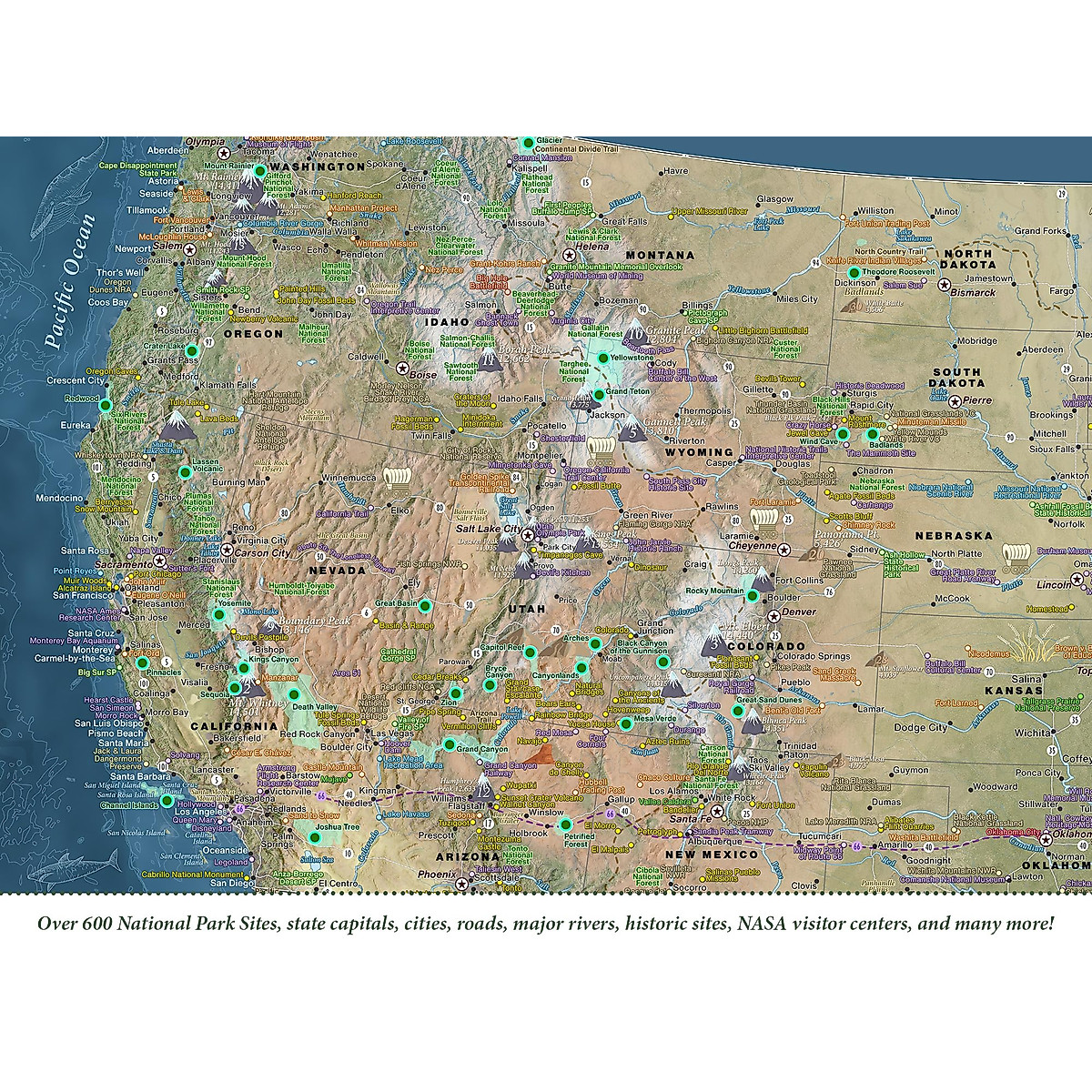 National Parks Poster Map with terrain and USA Interstates, All NPS Sites, Landmarks, Highest Peak by State Poster - 24x18 inch Map - Explore America - Voyager Edition