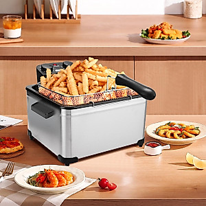 1800W 5 Liters/21 Cups Large Electric Deep Fryer with 3 Frying Baskets for Home Use, Adjustable Temperature,View Window Lid,Countertop Stainless Steel Body Deep Fryer Pot,Perfect for Kitchen, Fry Fish