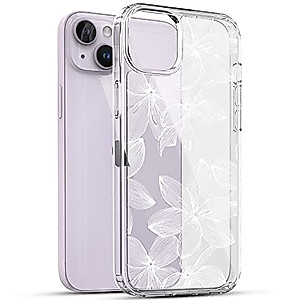 RANZ iPhone 14 Case, Anti-Scratch Shockproof Series Clear Hard PC + TPU Bumper Protective Cover Case for iPhone 14 (6.1") - White Flower