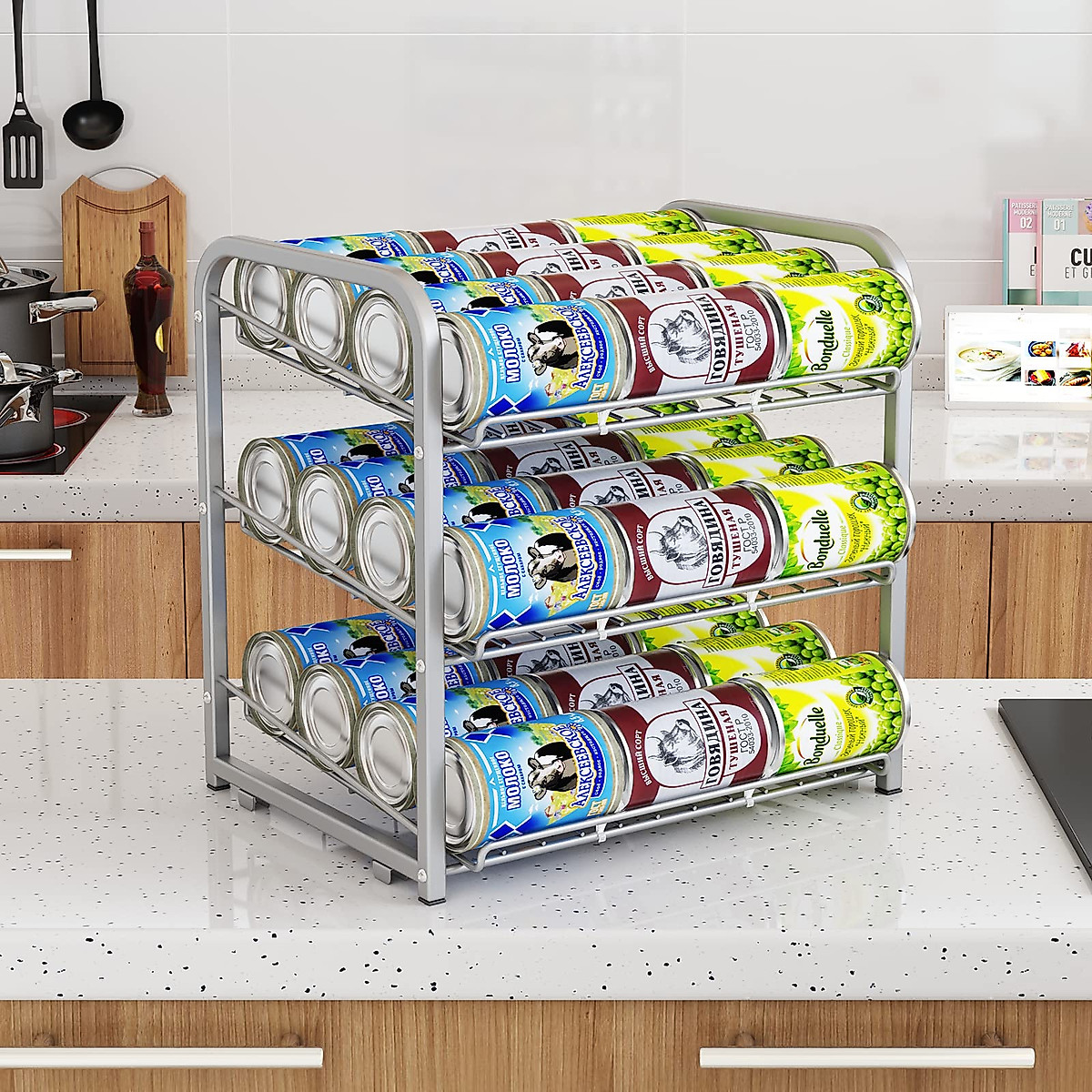 LEGUANG 3-Tier Stackable Can Rack Organizer, Can Storage Dispenser Holds up to 36 Cans for Kitchen Cabinet or Pantry, Silver