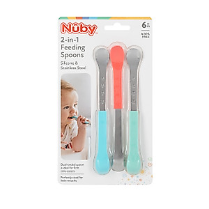 Nuby 2-in-1 Stainless Steel and Silicone Baby Weaning Spoons with Long Handles - 6+ Months, 3-Pack