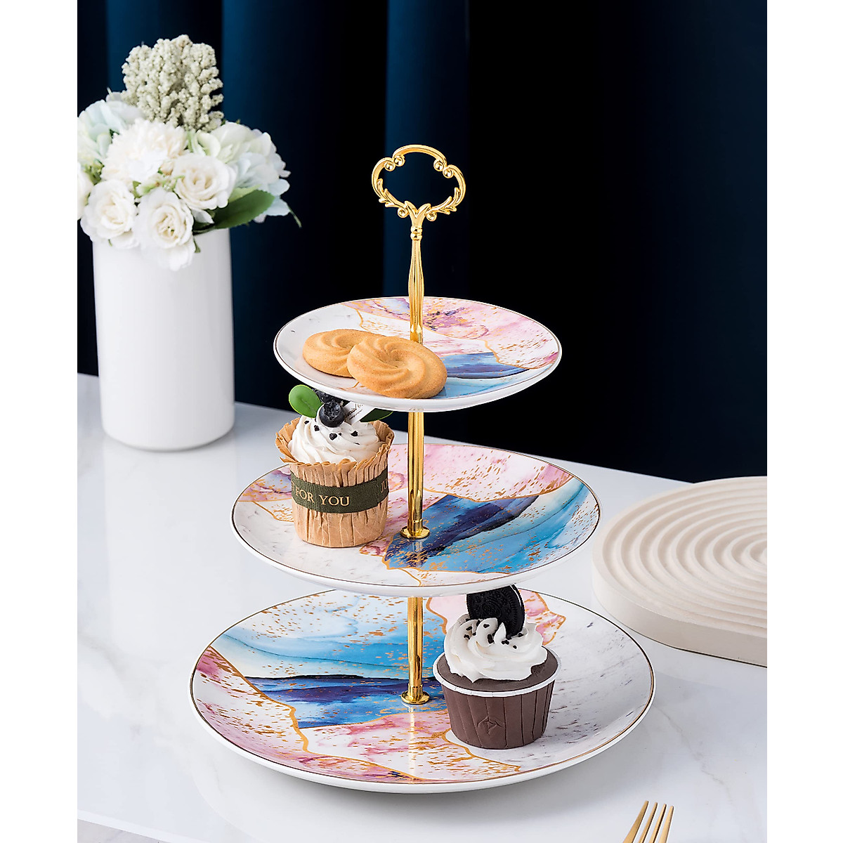Jusalpha Fine China Rainbow Galaxy Series 3-tier Cake Stand- Cupcake Stand- Tea Party Pastry Serving Platter in Gift Box and a Free Sugar Tong (Rainbow Galaxy 3T)