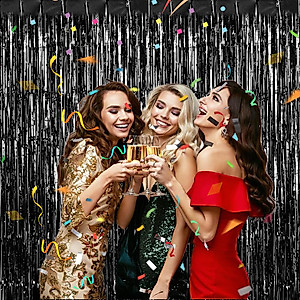 MEHOFOND 2 Pack 3.3x6.6ft Black Foil Fringe Backdrop Curtain Halloween Black Metallic Tinsel Streamers Party Decorations Fringe Backdrop for Birthday Baby Shower New Year Party Decor Photo Studio Prop