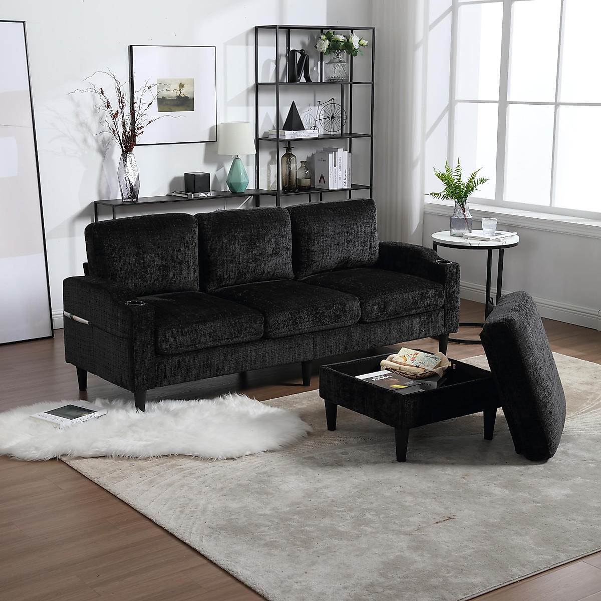 LIFEISLE Modern Upholstered Sectional Sofa with Storage Footrest,3 Seater L Shaped Couch with Side Pocket and Cupholder,Chenille Furniture Set for Living Room,Apartment,Office,Black